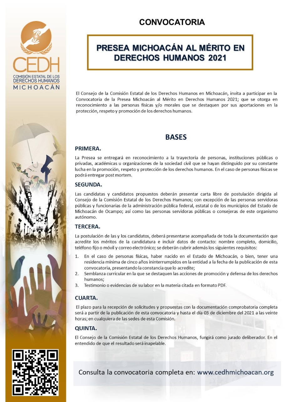 Emite Cedh Convocatoria Para La Presea Michoacán Al Mérito En Derechos